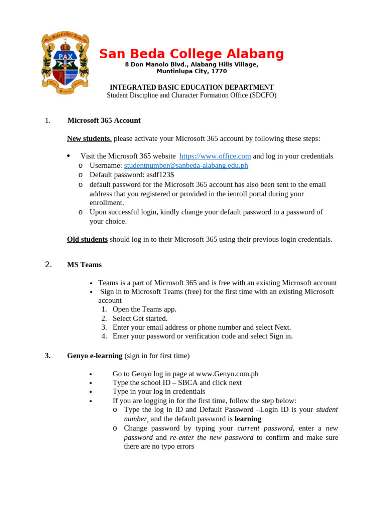 Guide To SBCA Microsoft365 E-Genyo LMS and MS Teams | PDF