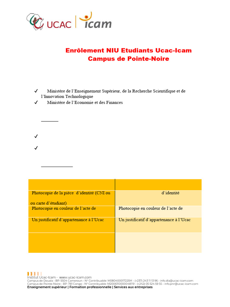 NIU Etudiants Ucac-Icam | PDF
