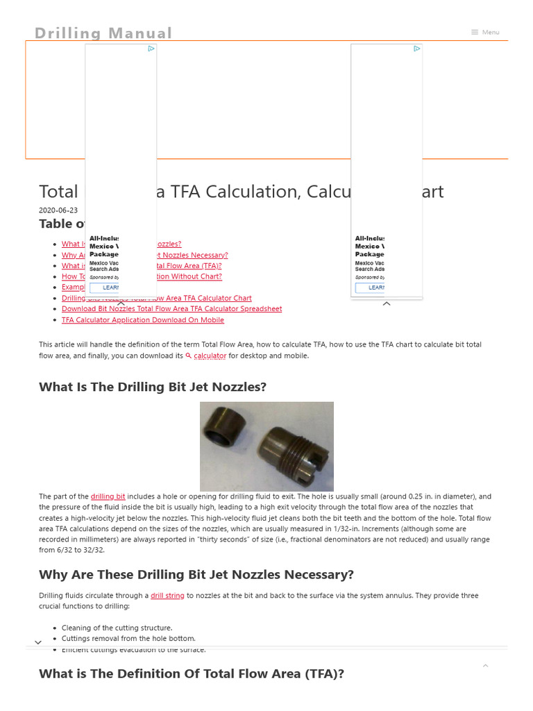 Total Flow Area TFA Calculation, Calculator, Chart - Drilling Manual | PDF