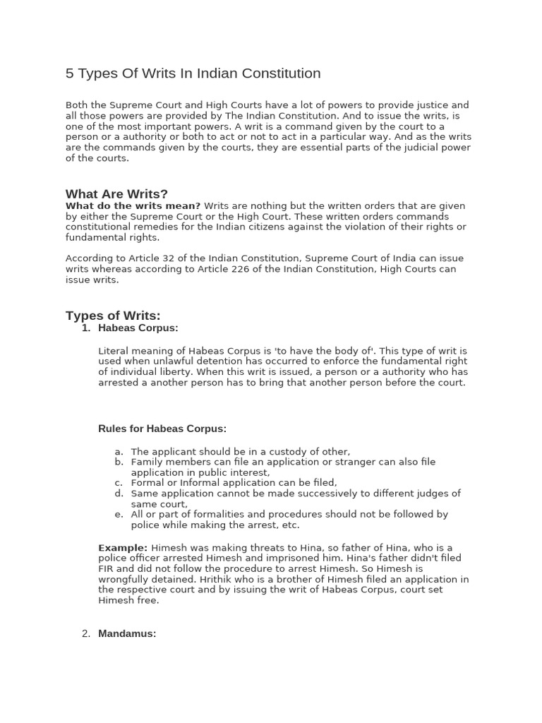 5 Types of Writs in Indian Constitution | PDF