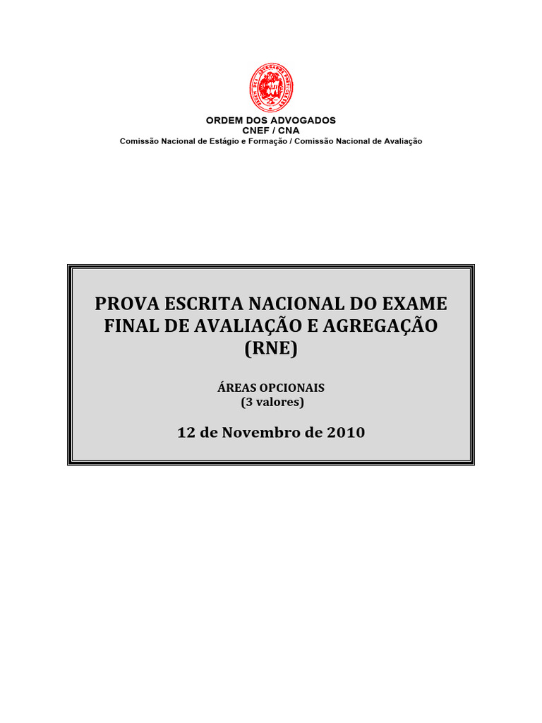 Prova Escrita Nacional de Áreas Opcionais - Novembro 2010 | PDF