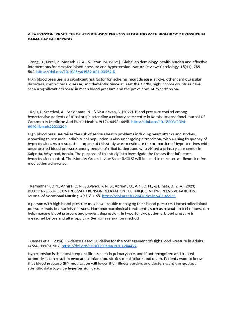 Alta Presyon | PDF | Hypertension | Blood Pressure