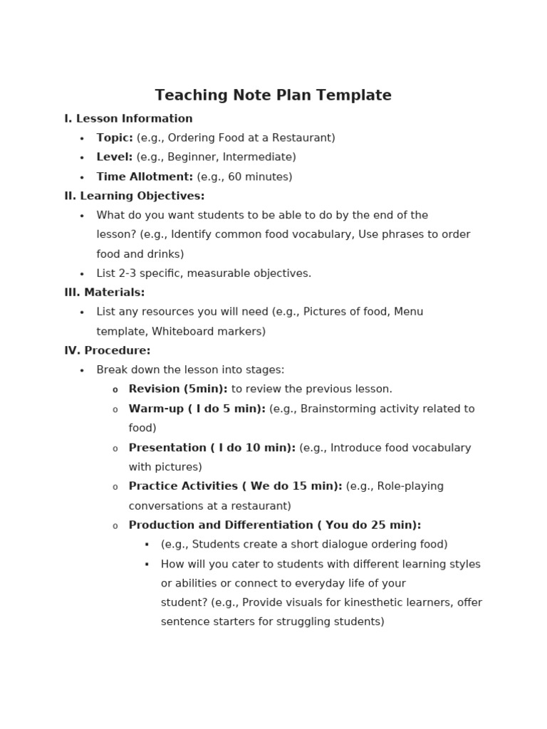 Teaching Note Plan Template | PDF