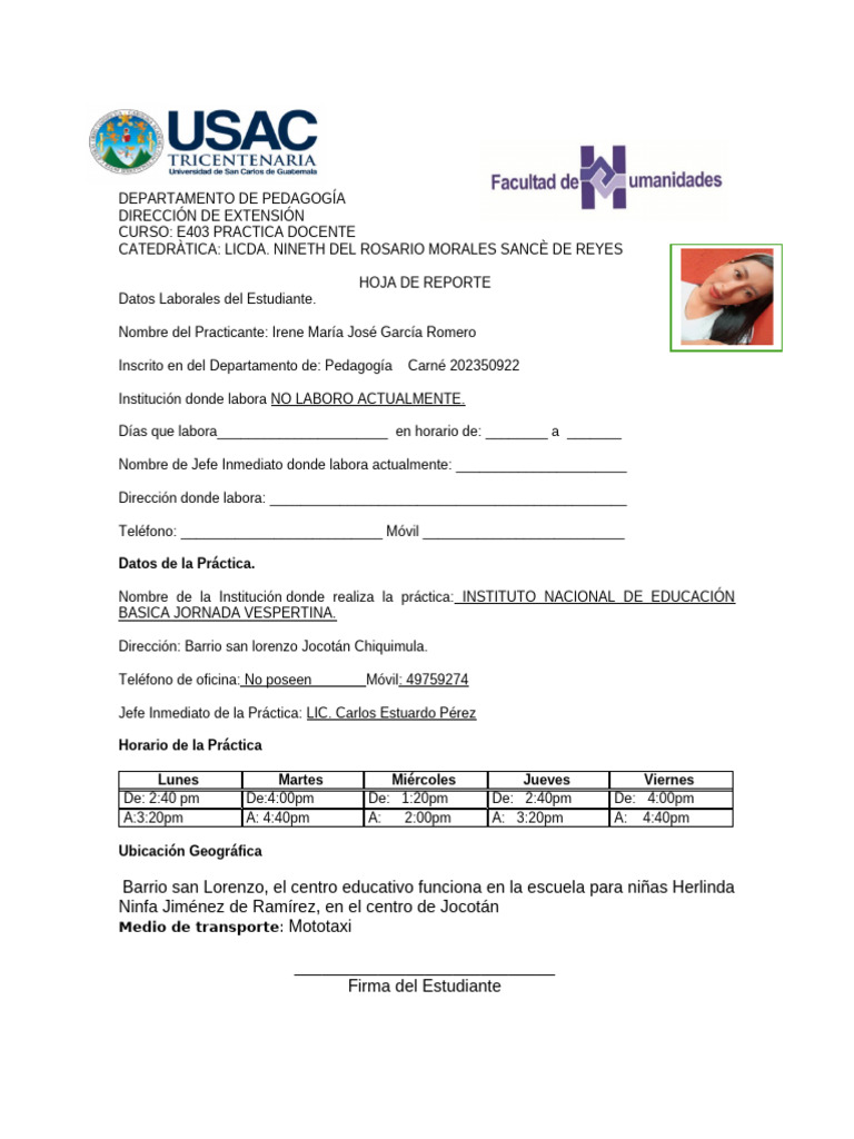 Hoja de Reporte de La Practica Docente | PDF