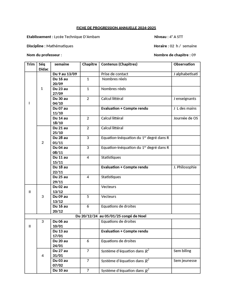 FICHE DE PROGRESSION ANNUELLE 4e Année STT | PDF