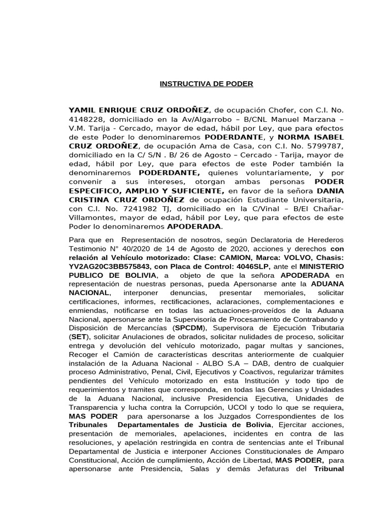Instructiva - de - Poder - Venta de Veghiculo - Hermanos A Dania Cristina Cruz Ordoñez | PDF