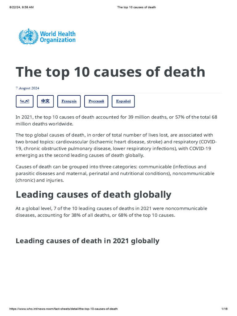 The Top 10 Causes of Death (WHO) | PDF | Respiratory Diseases | Non ...