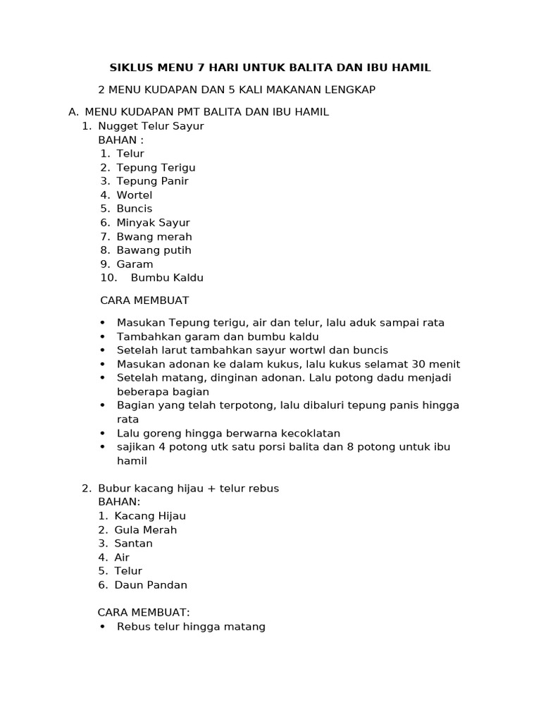 Siklus Menu 7 Hari Untuk Balita Dan Ibu Hamil | PDF