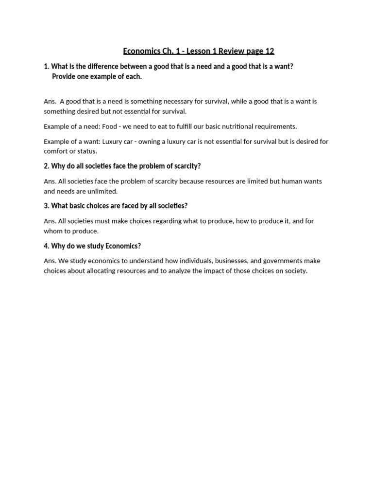 Economics CH 1 Lesson 1 Review Page 12 | PDF