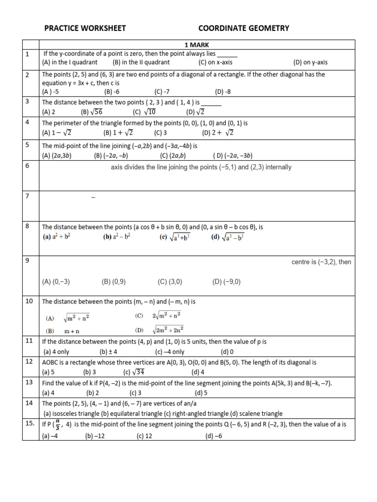 PRACTICE WORKSHEET - COORDINATE GEOMETRY GRD 10 | PDF