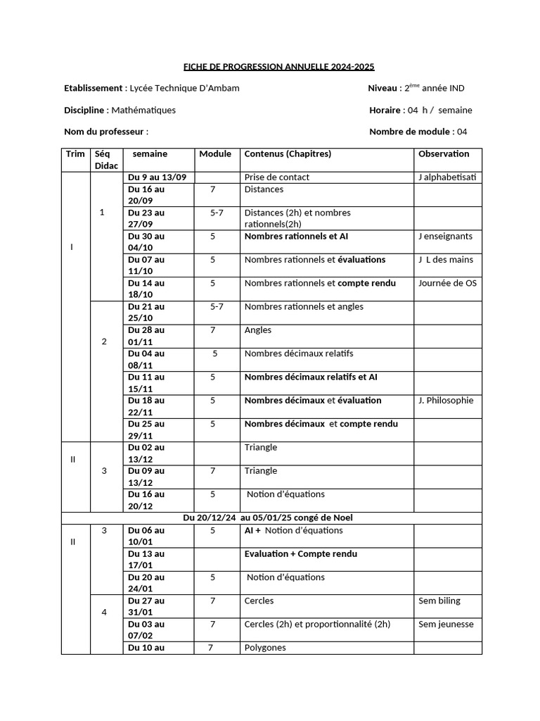 Fiche de Progression Annuelle 2eme Année Ind | PDF