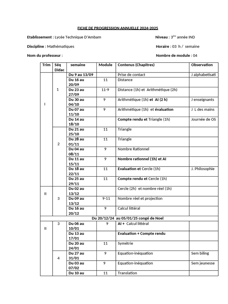 Fiche de Progression Annuelle 3eme Année Ind | PDF