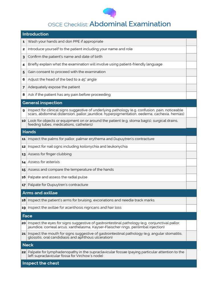 OSCE Checklist Abdominal Examination | PDF OSCE Checklist Abdominal Examination | PDF