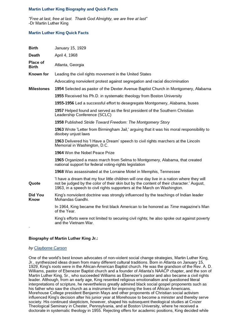 Martin Luther King Biography and Quick Facts | PDF