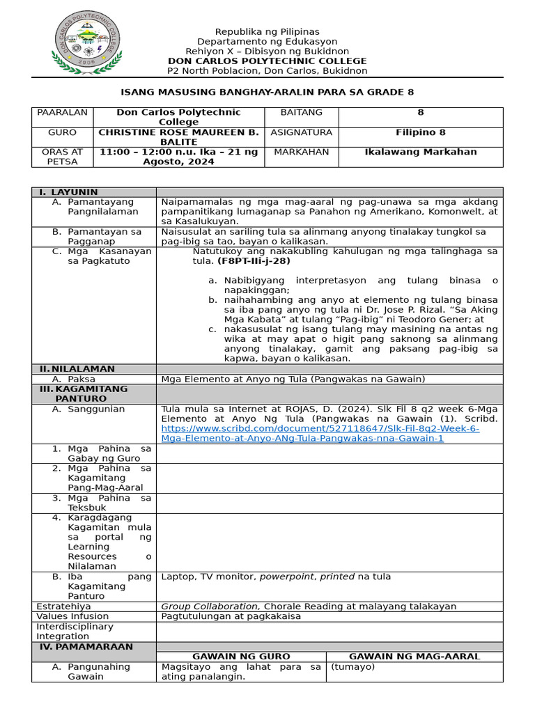 Filipino 8 DLP Student Sample | PDF