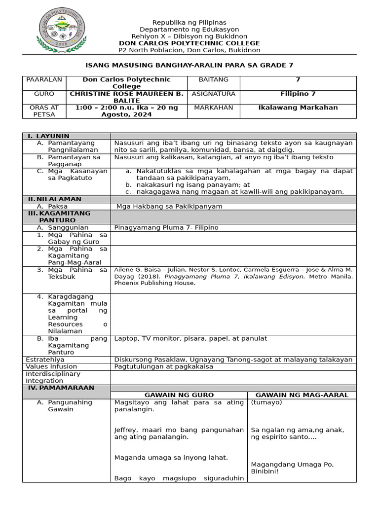 Filipino 7 DLP Student Sample | PDF