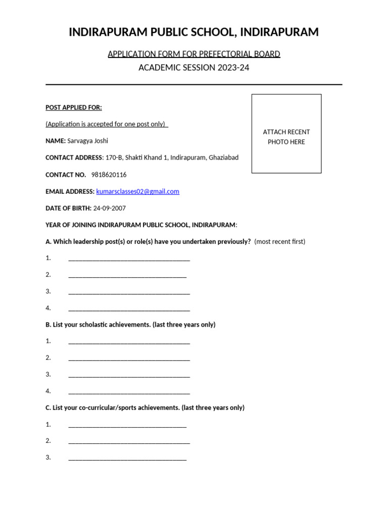 Prefect Application Form For Main Body 2023-24 | PDF