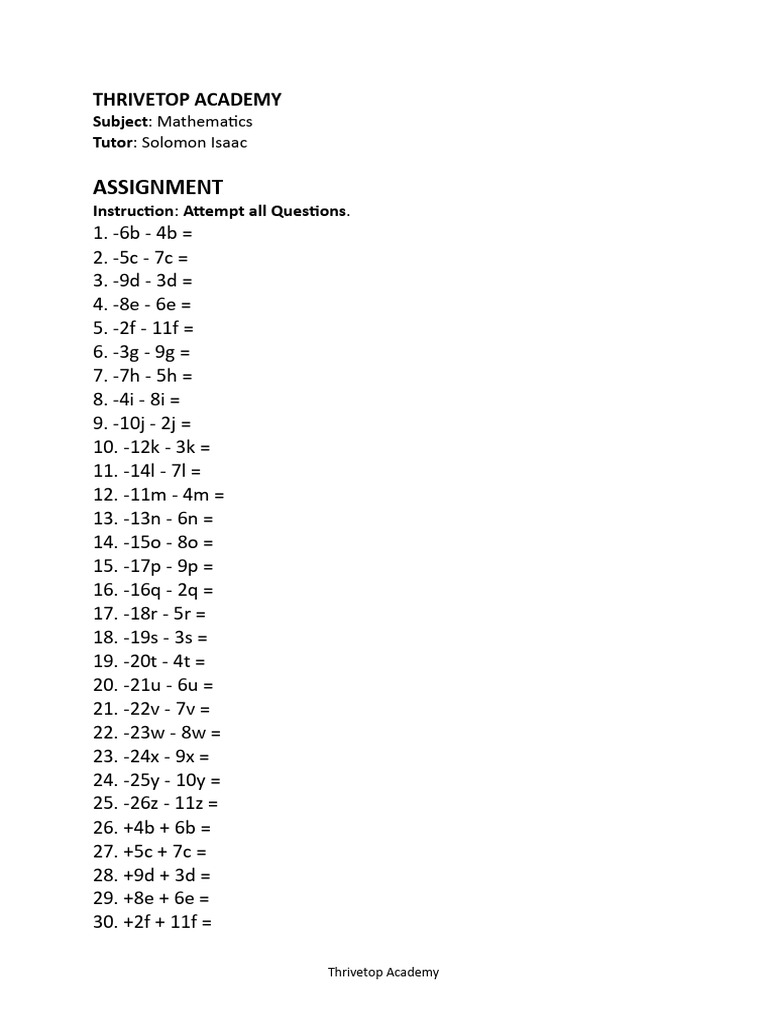 Assignment (Addition and Subtraction of Algebraic Expressions) 2 | PDF