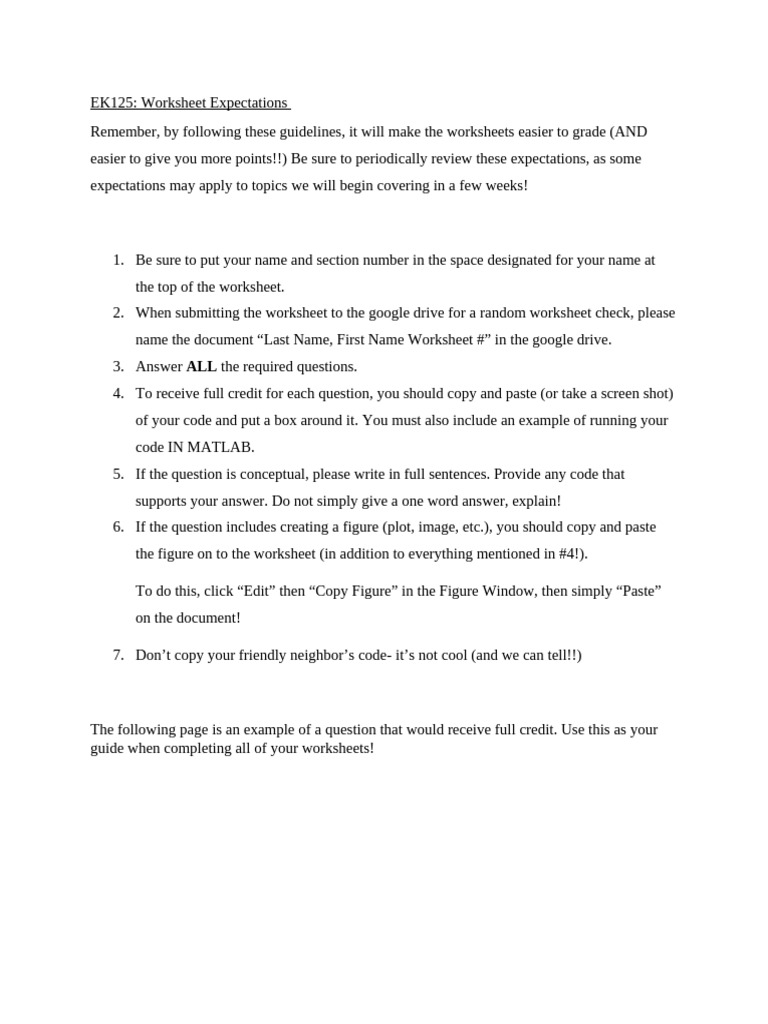 EK125 Worksheet Expectations | PDF | Worksheet | Teaching Methods ...