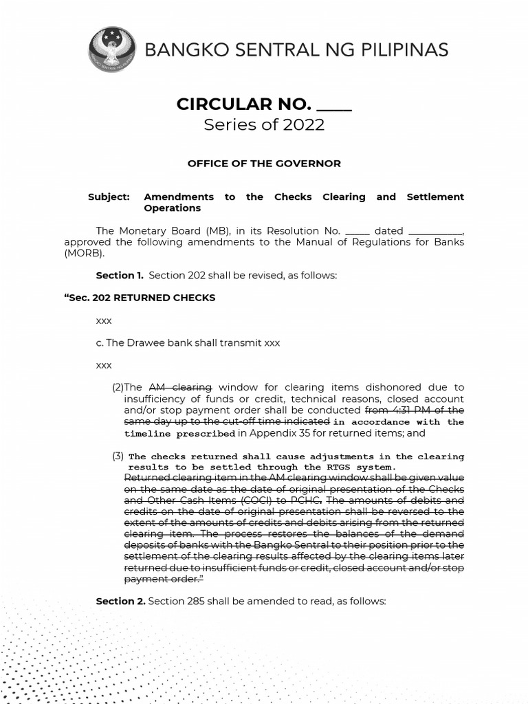 Draft Circular-Amendments To The Check Clearing and Settlement ...