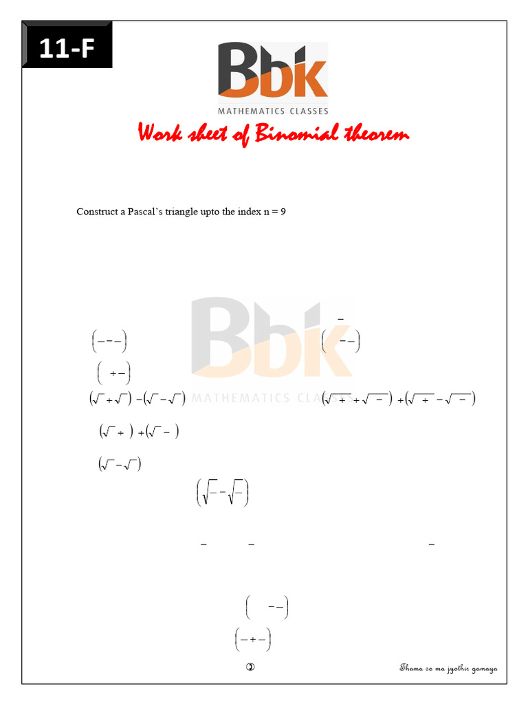 11-F-Worksheet of Binomial Theorem | PDF | Mathematics | Discrete Mathematics