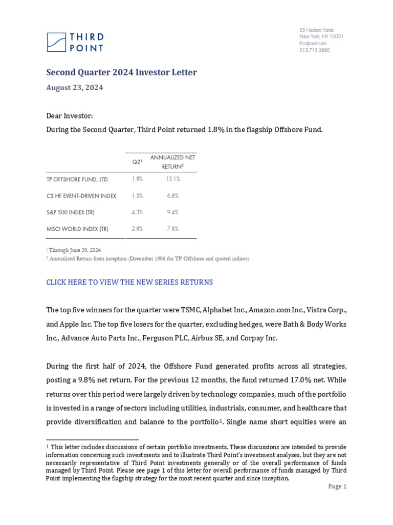 Third Point Q2 2024 Investor Update | PDF | Investing | Finance & Money ...
