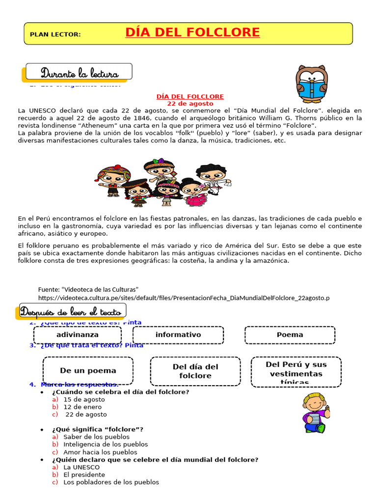 U5 S3 Ficha D4 Plan Lector Dia Del Folclore | PDF