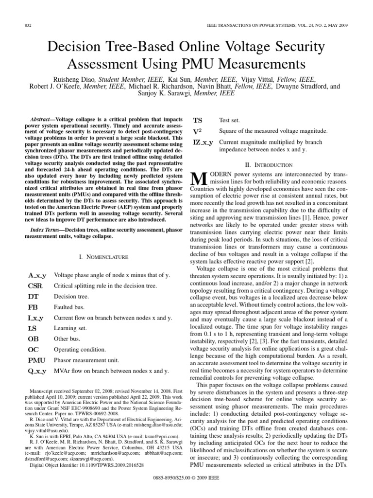 Decision Tree-Based Online Voltage Security Assessment Using PMU Measurements | PDF