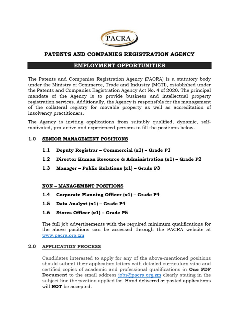 1.0 External Job Advertisement For Various Positions at PACRA 2024 | PDF | Business | Finance ...