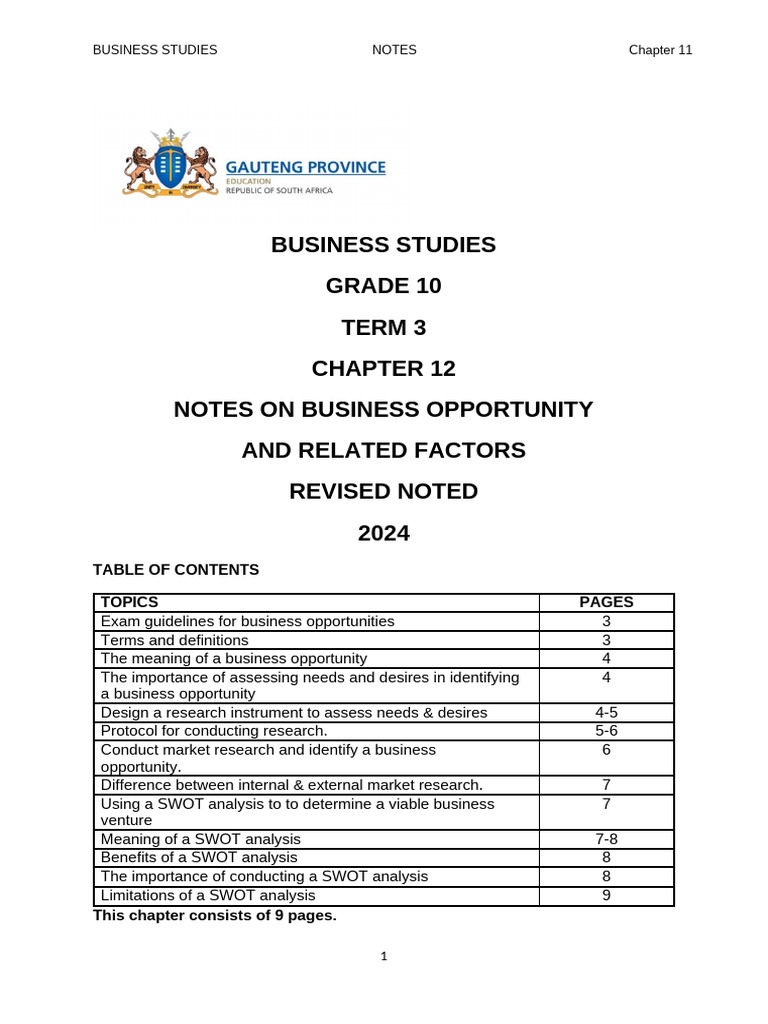 Teacher's Chapter 12 Notes Business Opportunities | PDF