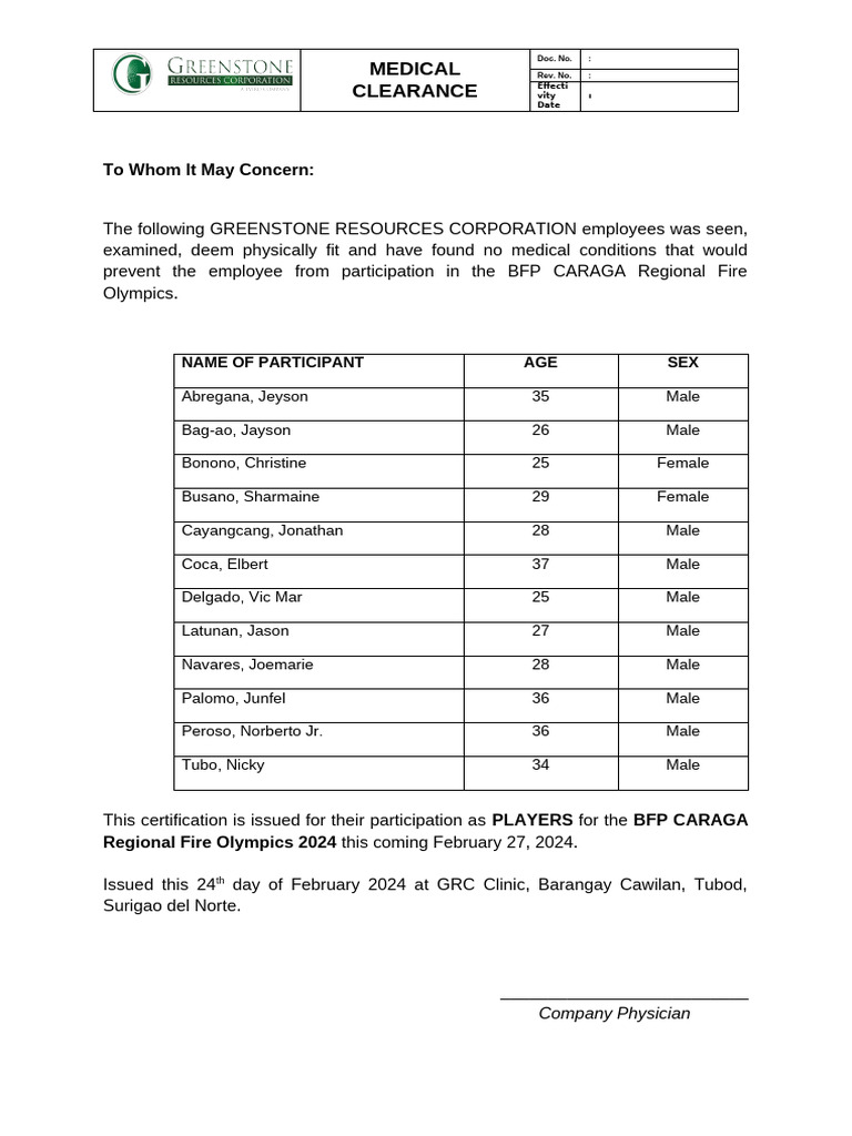 ERT Medical Clearance | PDF