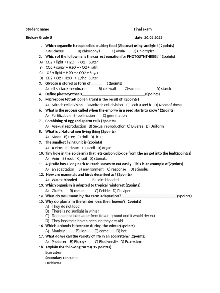 Biology 8 Grade FINAL | PDF