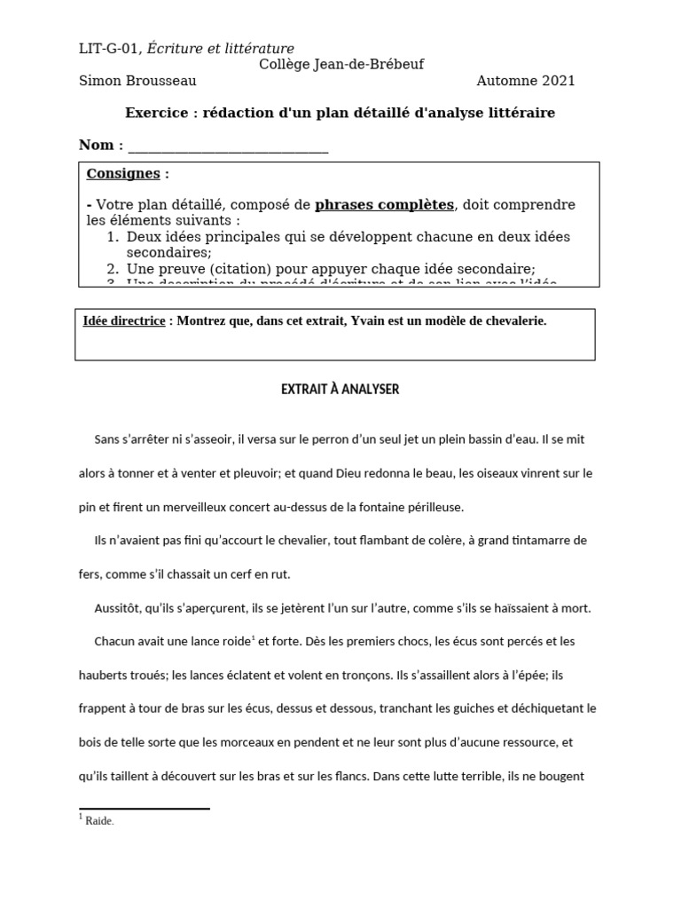 Exercice Plan Detaille Yvain | PDF