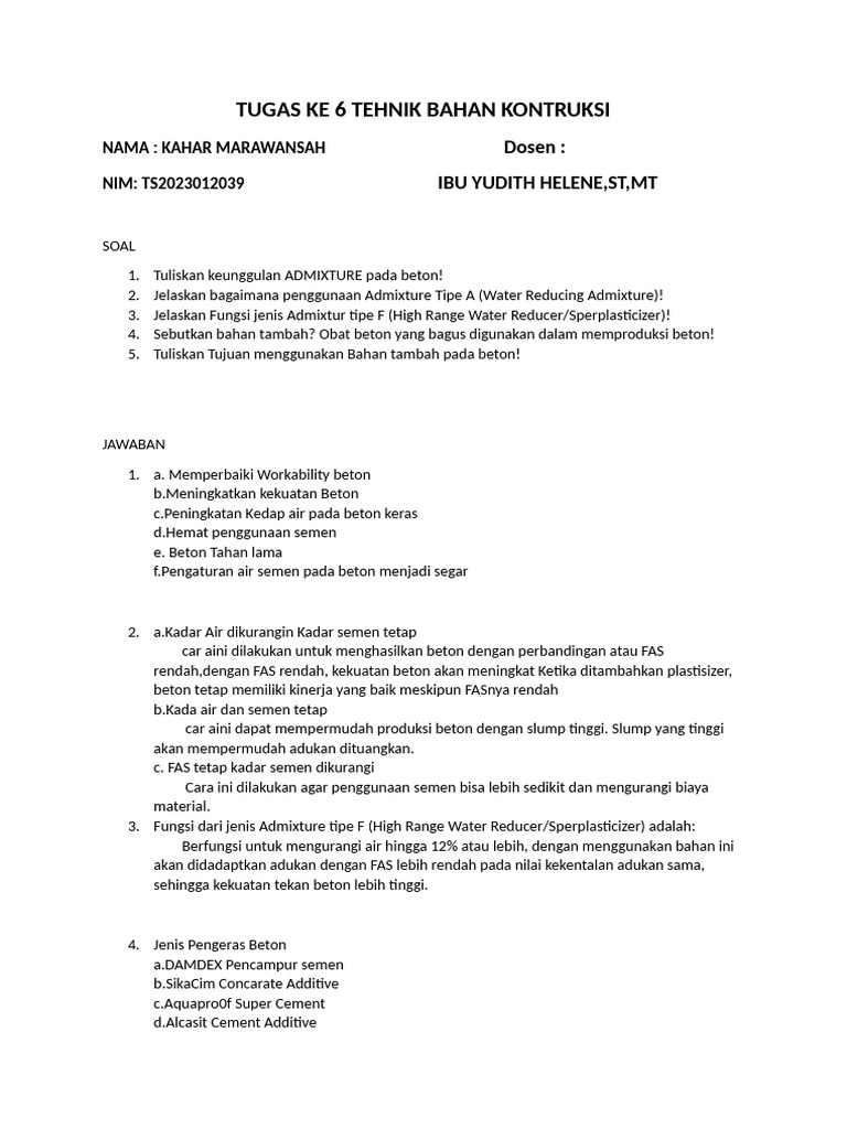 Tugas Ke 6 Tehnik Bahan Kontruksi Admixture | PDF