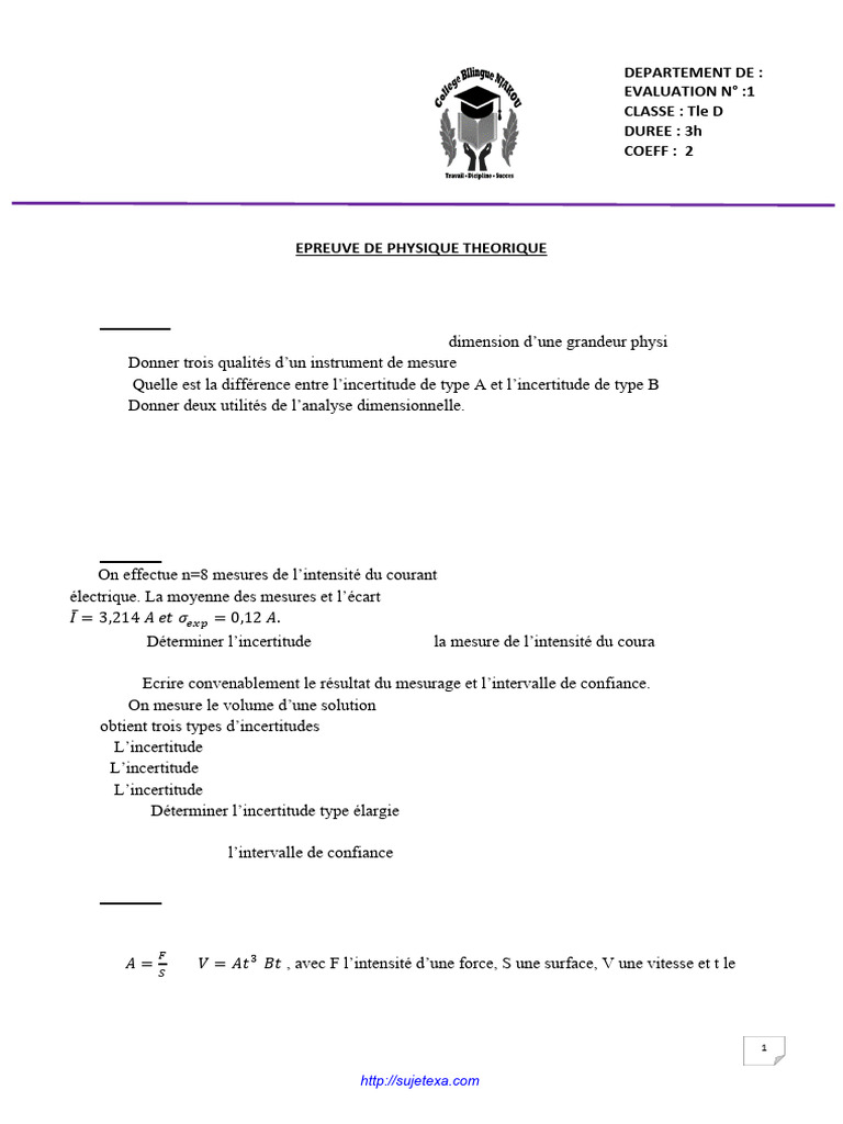 Monti Physique Tle D Eval 1 | PDF