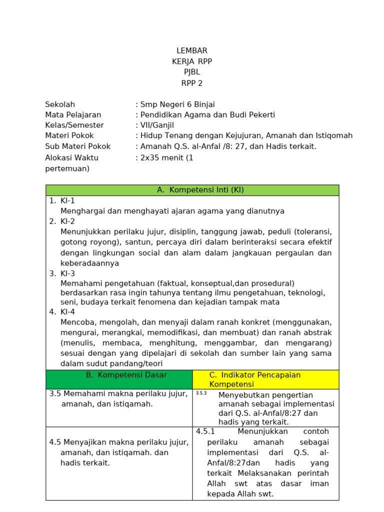 LEMBAR KERJA RPP PJBL rpp2 | PDF