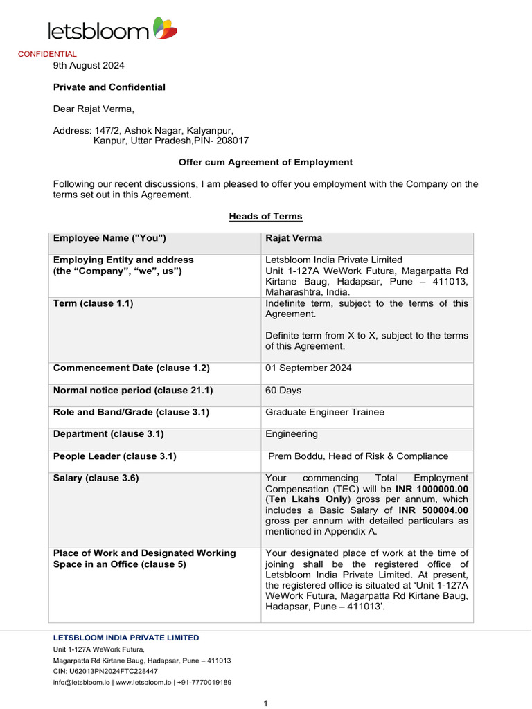 Employment Agreement - Rajat Verma-Offer | PDF