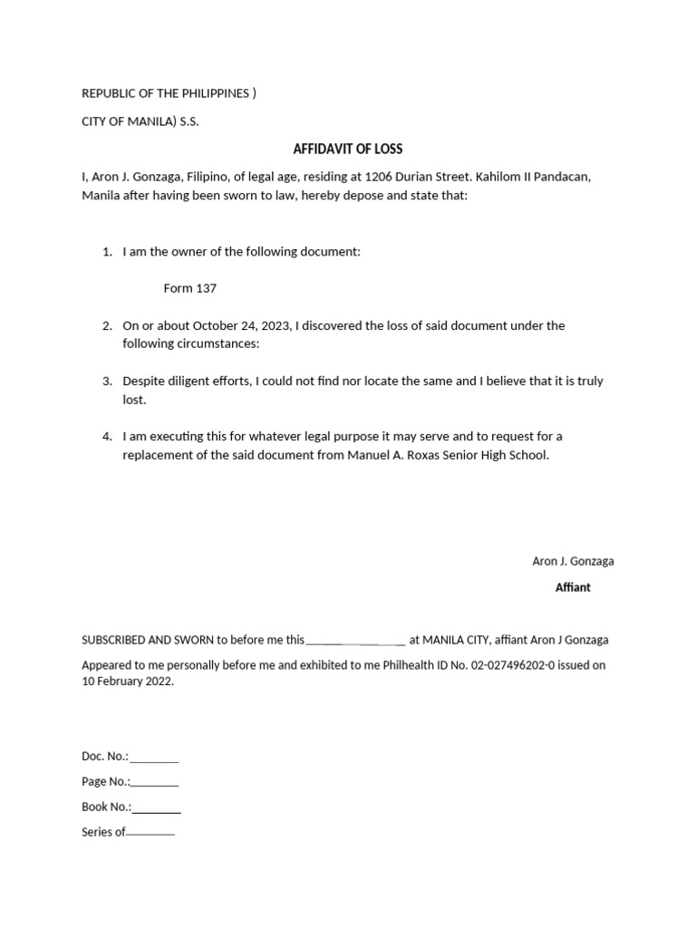 Affidavit of Loss Template | PDF