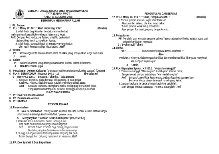 Tata Ibadah PWGT Rabu 21 Agustus 2024 | PDF