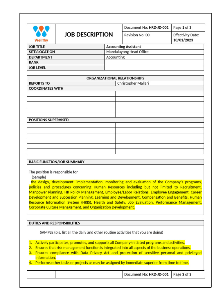 Job Description and Specification Template (WSI) | PDF | Human ...