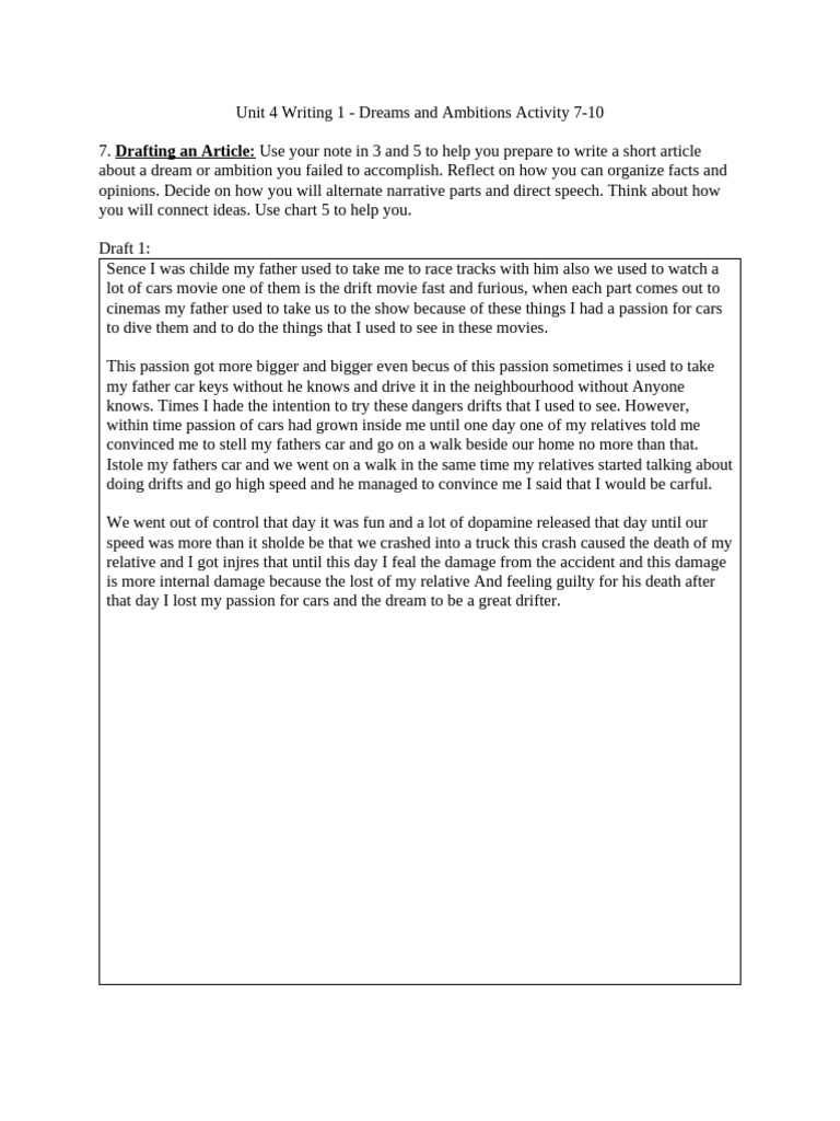 Unit 4 Writing 1 - Dreams and Ambitions Activity 7-9 | PDF