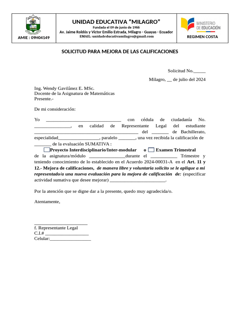 Solicitud para Mejora de Las Calificaciones | PDF