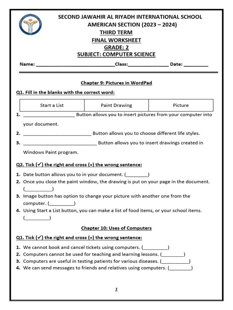 Grade 2 Computer Science Final Worksheet (Unsolved) | PDF