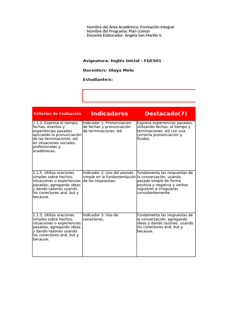 Eva. 1 Inglés Inicial I Fges01 | PDF