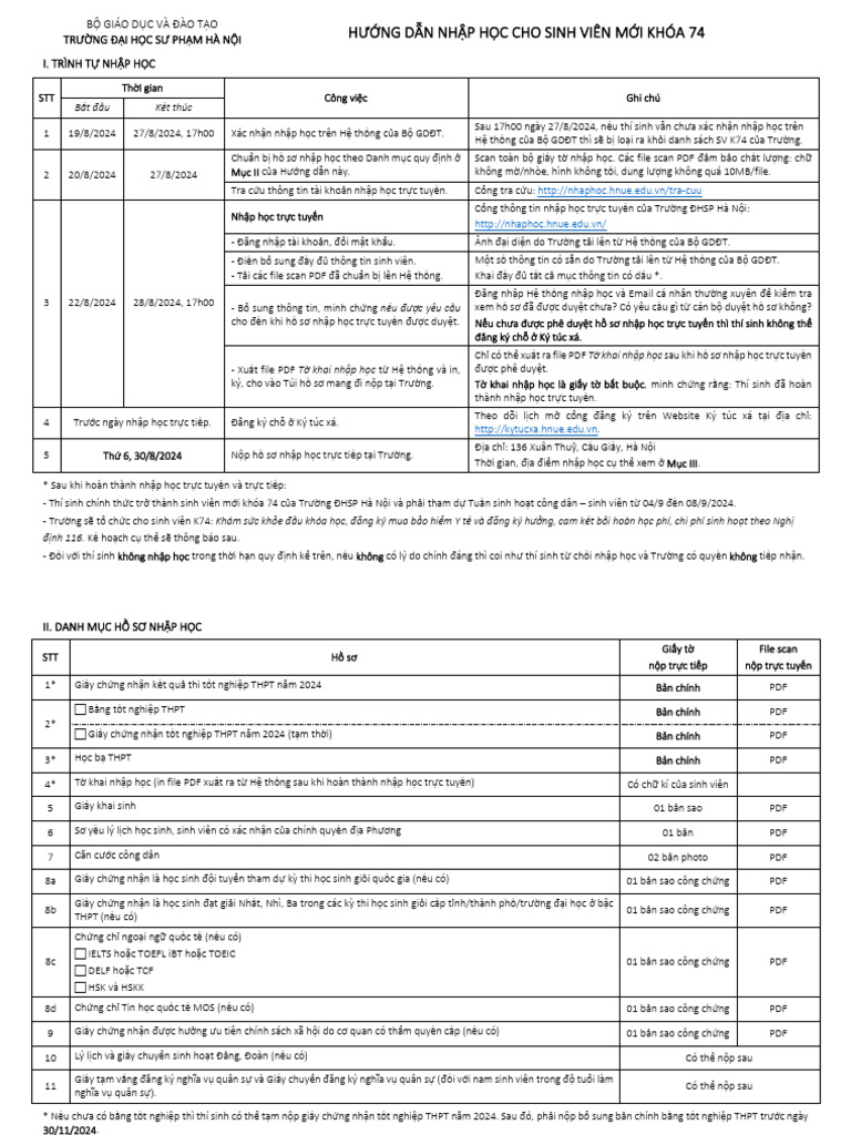 2024 Huong Dan Nhap Hoc K74 CHINH THUC | PDF