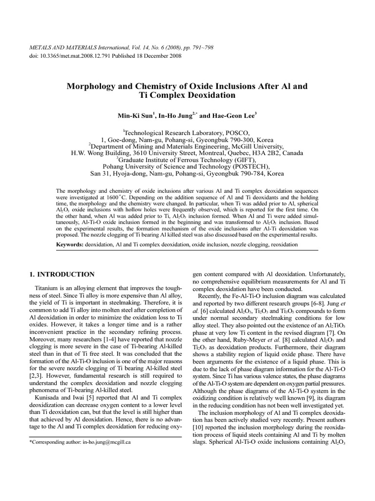 Morphology and Chemistry of Oxide Inclusions After Al and Ti Complex ...