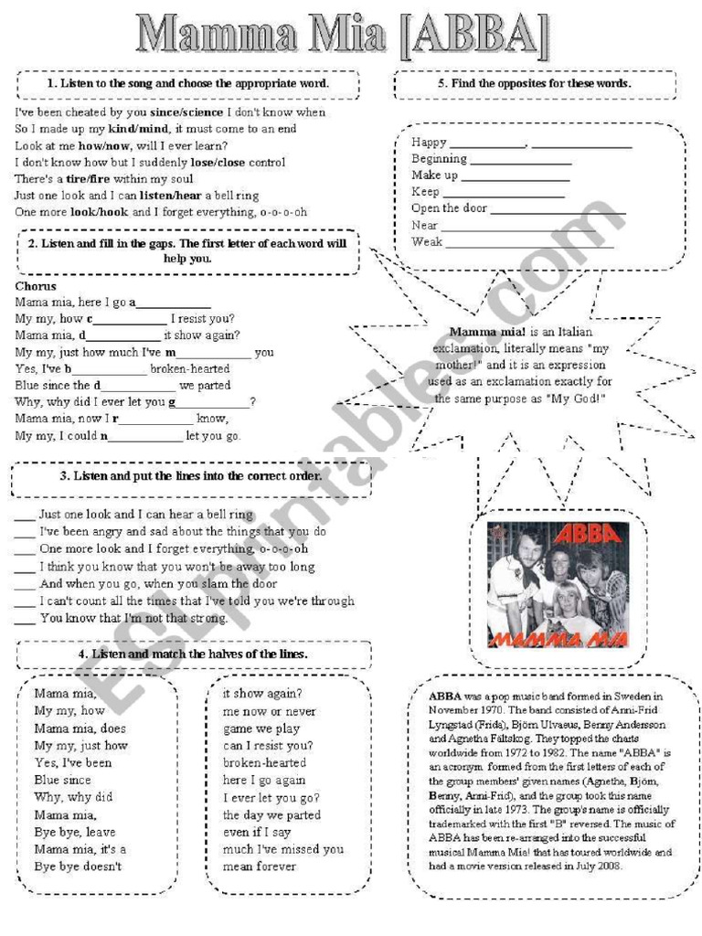 ABBA - Mamma Mia - Song Worksheet | PDF