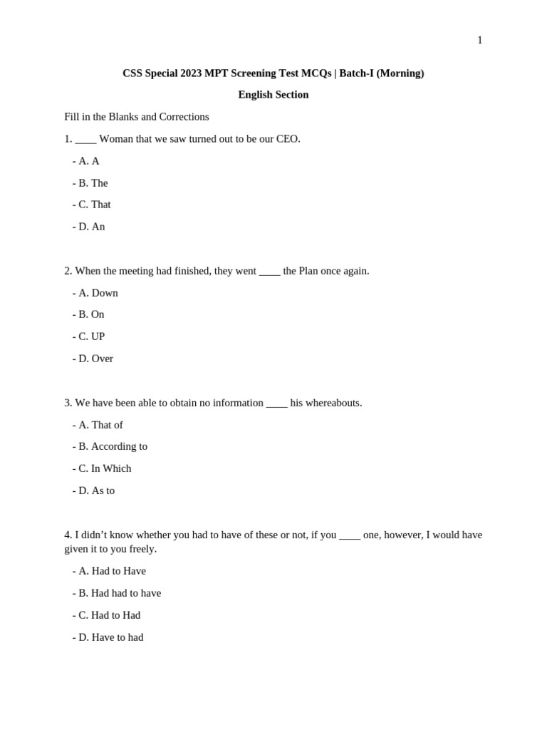 CSS Special 2023 MPT Screening Test MCQs Mock Test | PDF