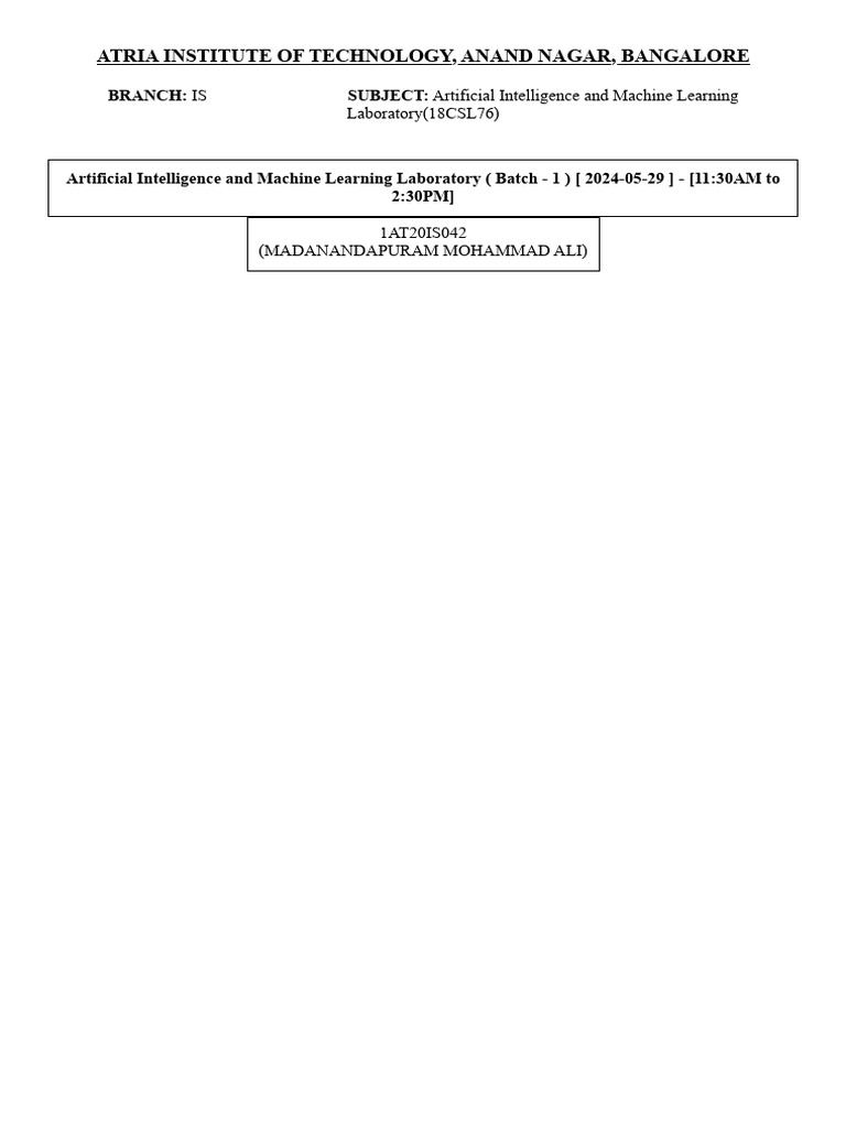 Artificial Intelligence and Machine Learning Laboratory (18CSL76) | PDF