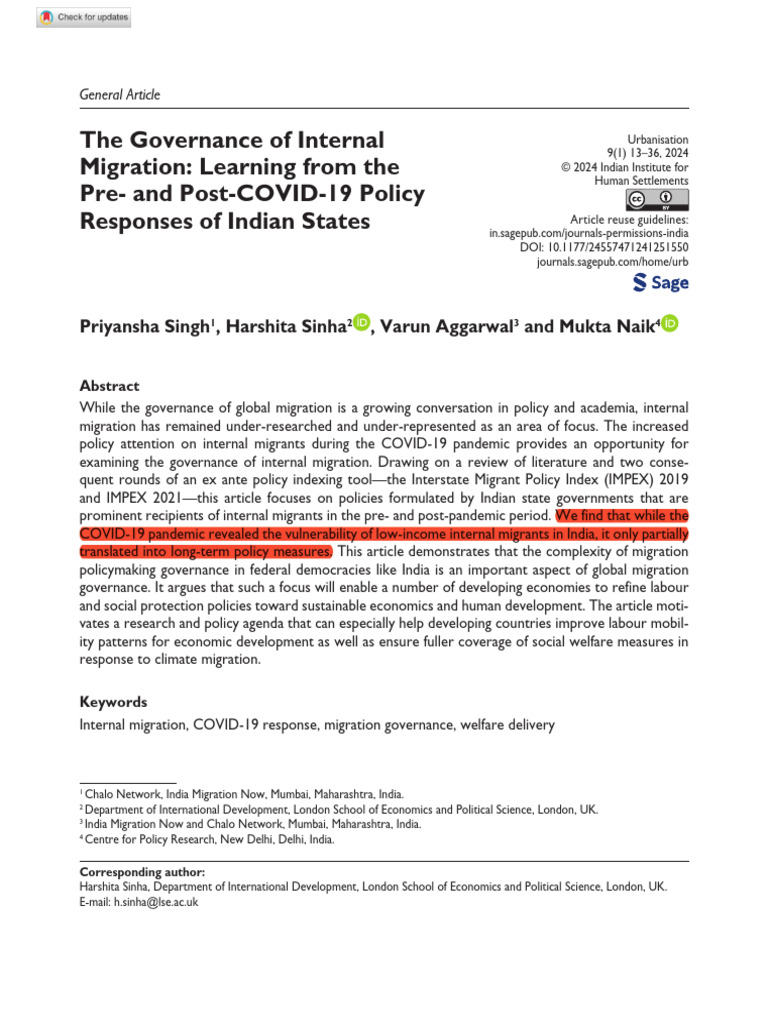 Singh Et Al 2024 The Governance of Internal Migration Learning From The ... Singh Et Al 2024 The Governance of Internal Migration Learning From The ...